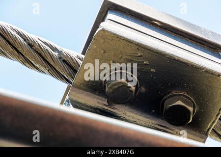 Bridge steel system of fasteners with big bolts and screws and chains ...
