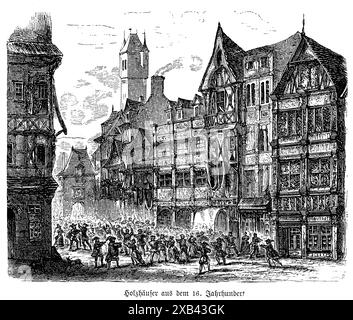 An engraving of a 16th century european construction technique using a ...