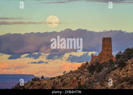 Winter moon rising over the Desert View Watchtower in Grand Canyon ...