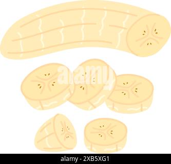 Fresh peeled and cut into pieces banana. Hand drawn flat style banana ...