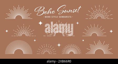 Vintage sunburst, sunset beams, half circle sunrise. Boho style, modern ...