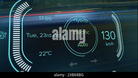 Hybrid car dashboard screen showing an energy monitor of engine and ...