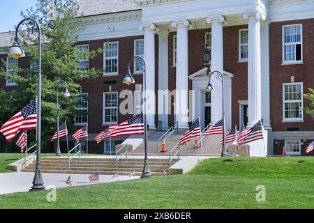 Building decorated with American flags.; Building decorated with ...