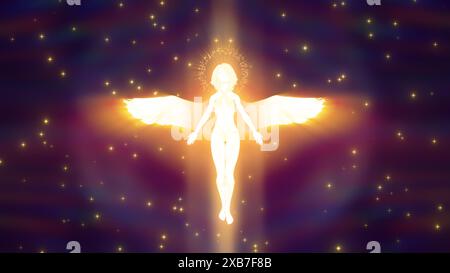3d illustration of a beautiful shining angel flying sparingly in space ...
