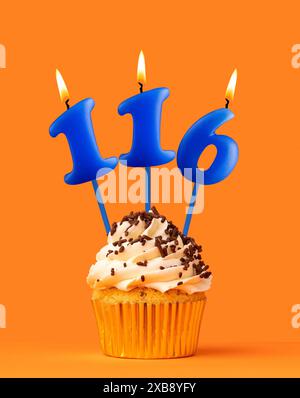 Birthday cupcake with candle number 116 on a red background with blue ...