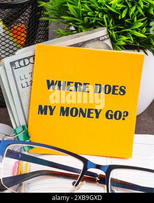 words Where does my money go. Business concept on a yellow sticker next ...