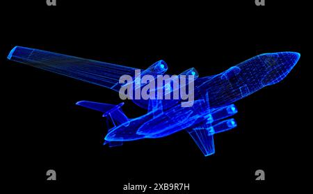 AWACS jet airplane. Glowing neon particles and blue lights formation of ...