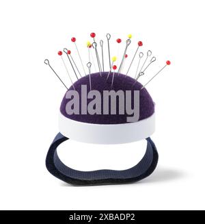 Blue pincushion with sewing pins isolated on white Stock Photo - Alamy