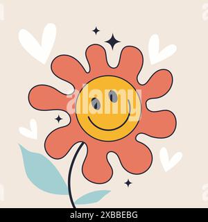 Vector Illustration of Sunflower Character with cute face, simple hands ...