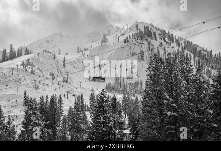 A grayscale shot of a ski resort Stock Photo - Alamy