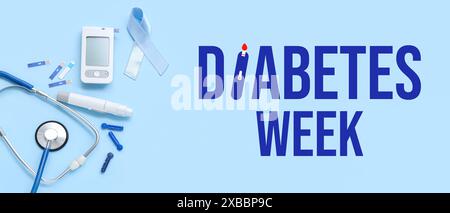 Awareness ribbon with glucometer and lancet pen on color background ...