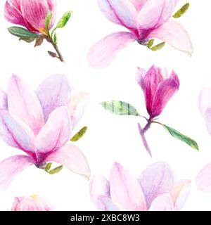 Watercolor seamless pattern with pink magnolia flowers, buds and green ...