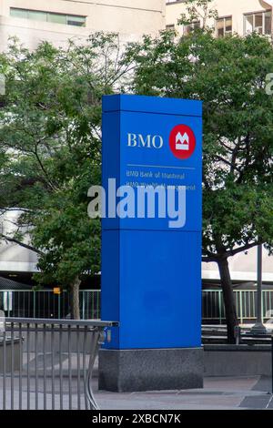 BMO logo and blue facade of bank branch building, San Francisco ...