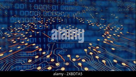 Image of glowing golden motherboard over binary data processing on blue ...