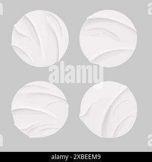 Glued circle paper wrinkled effect sticker, empty frame, badge mockup isolated. Set round tags ...