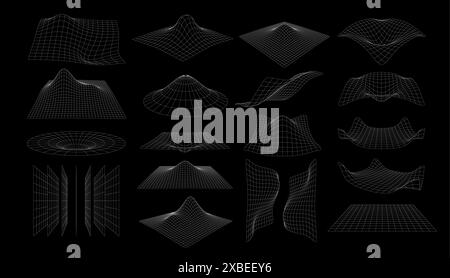 Retrofuturistic, wireframe line elements vector set. Perspective grids in cyberpunk style. Polar ...