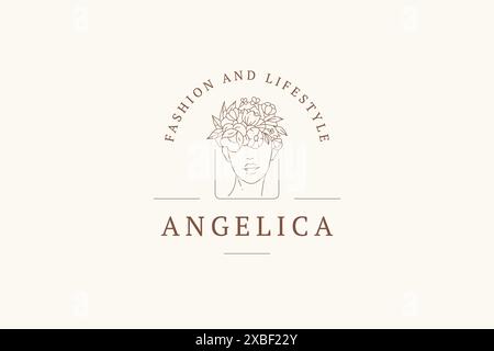 Romantic woman portrait floral wreath hairstyle linear monochrome logo ...