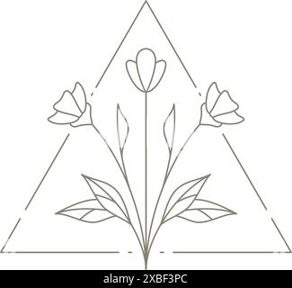 Simple linear flower with petal, buds, stem and leaves in hand drawn ...