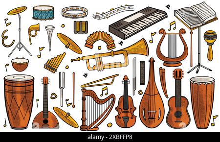 Colorful hand drawn set of jazz music doodle set. music instruments ...
