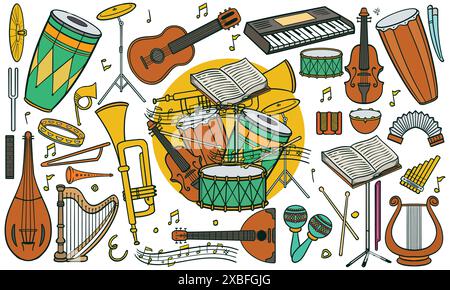 Colorful hand drawn set of jazz music doodle set. music instruments ...