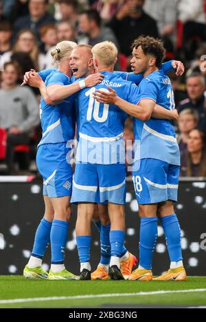 Jon Dagur Thorsteinsson of Iceland celebrating scoring Icelands winner ...