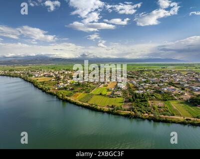 Aerial view of the village of Deltebre (Jesus i Maria) next to the Ebro ...