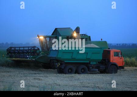 loading on the grain car from the combine Stock Photo - Alamy
