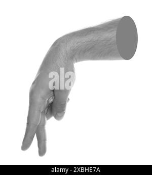 Man imitating walk with hand on white background, closeup. Black and ...