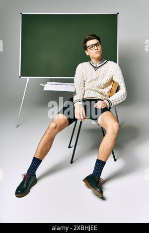 Handsome student in front of chalkboard with formulas Stock Photo - Alamy