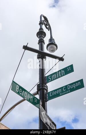 smith street and bergen st signs on lamp post (streetlight signage sign ...