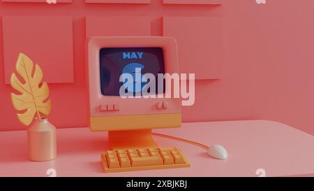 Neon Retro Calendar - May 1 Displayed on Vintage Computer Screen with ...