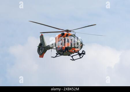 The demonstration flight of light utility helicopter Airbus H145 SAR (Search and Rescue) by ...