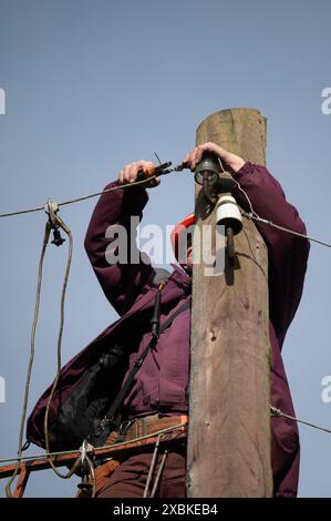 A male electrical worker repairs an electrical transmission line Stock ...