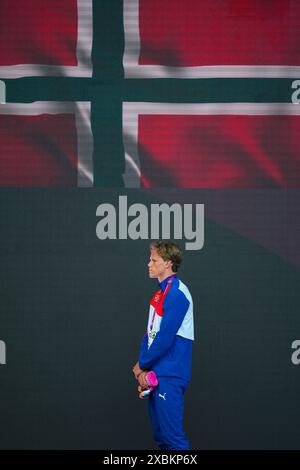Rome, Italy 20240612. Decathlon fighter Sander Aae Skotheim receives his silver medal in a medal ...