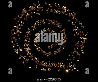 A swirling helix of thousands of gold coins with a bold dollar symbol ...