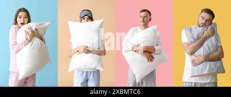 Collage of young people with soft pillows on color background Stock ...