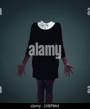 Art, identity and headless woman in surreal studio with creative ...