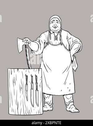 Drawing of an smiling medieval butcher at work. Old professions ...