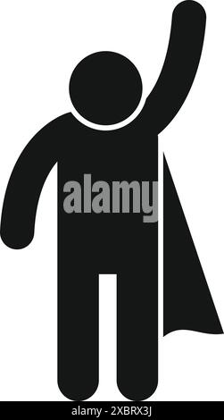 Superhero raising his hand, wearing a cape, simple character design ...