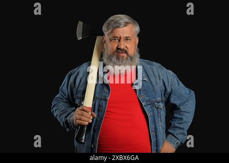 Portrait of mature lumberjack with axe on white background Stock Photo ...