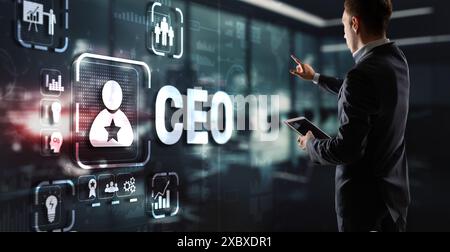 CEO concept. Businessman pressing virtual screen inscription boss Stock ...
