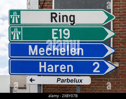 Machelen, Flanders, Belgium, June 8, 2024 - Road signs to the Ring and ...