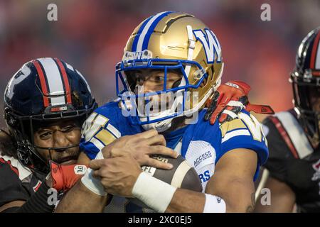 Winnipeg Blue Bombers' Nic Demski (10) leaps over Saskatchewan Roughriders' Kosi Onyeka (31) for ...