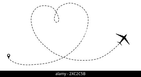 Itinerary dashed trace heart shape, line airplane flight, dotted path ...