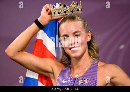 Keely Hodgkinson of Great Britain wears a crown as she celebrates after ...