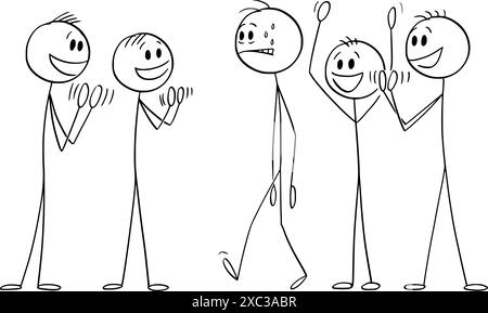 Crowd or team applauds or celebrates a person, vector cartoon stick ...