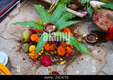 holy offerings of burning clay oil lamp for hindu god at festival from ...