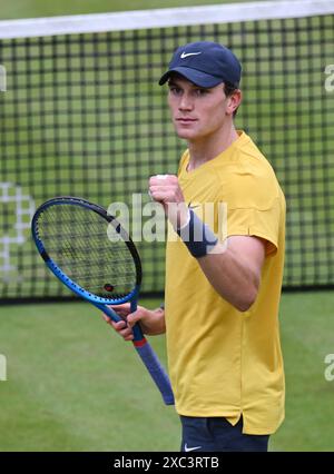 Jack Draper of Britain reacts after winning a point against Aleksandar Vukic of Australia during ...
