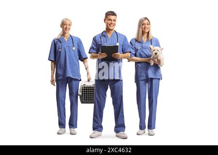 Veterinary health care team in blue uniforms with many dogs isolated on ...