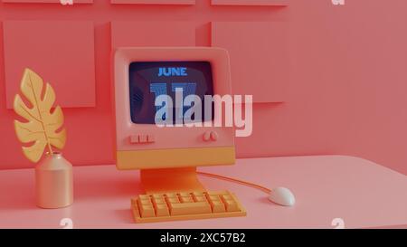 Neon Retro Calendar - June 6 Displayed on Vintage Computer Screen with ...